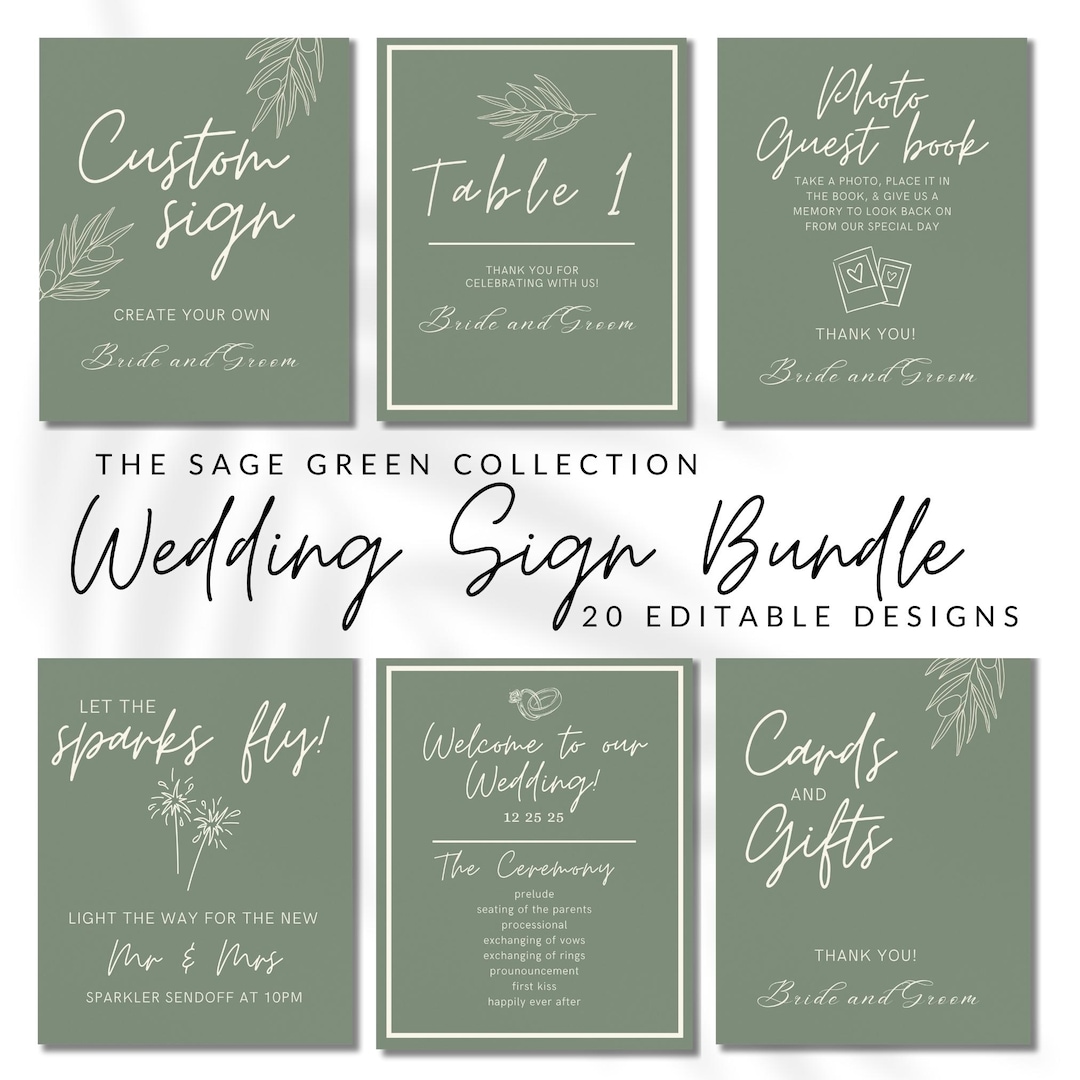 20 Pack Sage Green Editable Modern Wedding Sign Bundle, Wedding Signs ...