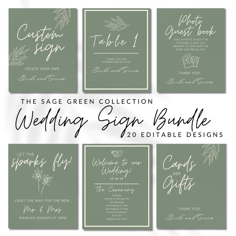 20 Pack Sage Green Editable Modern Wedding Sign Bundle, Wedding Signs ...