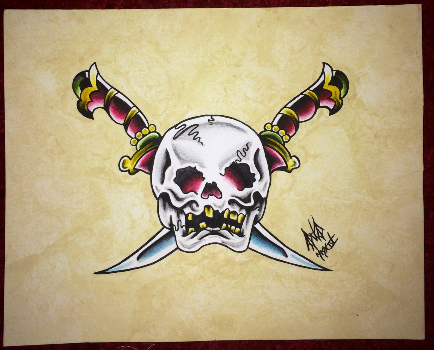 Skull & Cross Daggers Original Tattoo Art | Etsy