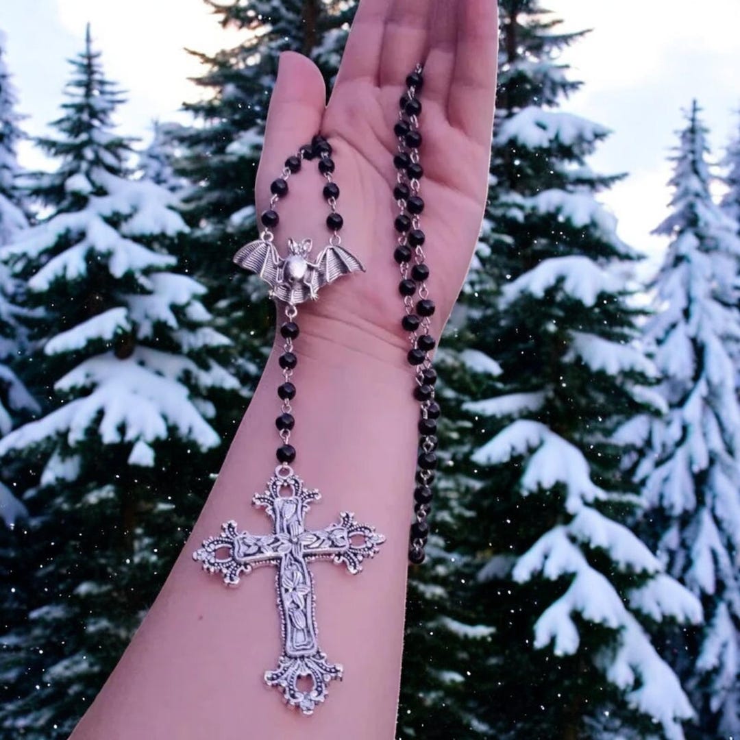Gothic Rosary Necklace Punk Cross Pendant, Adjustable Chrome Silver ...