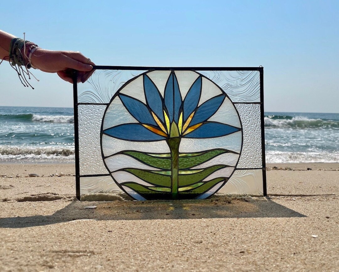 Blue LOTUS Flower, STAINED GLASS Panel, Custom Home Accent, Window ...