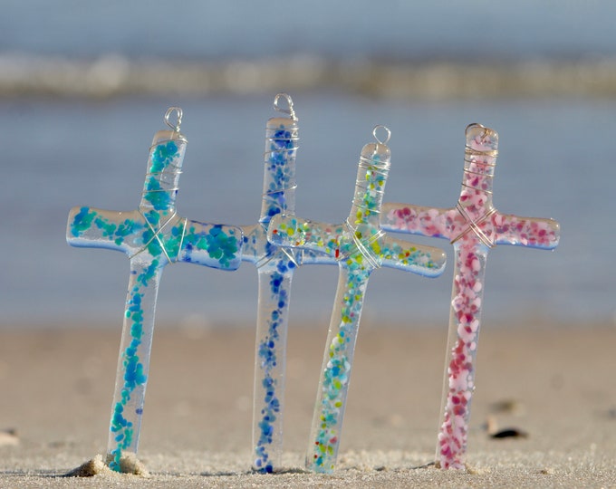 A Fused Glass Cross in a Rainbow of Colors Wrapped in Copper Wire Makes ...