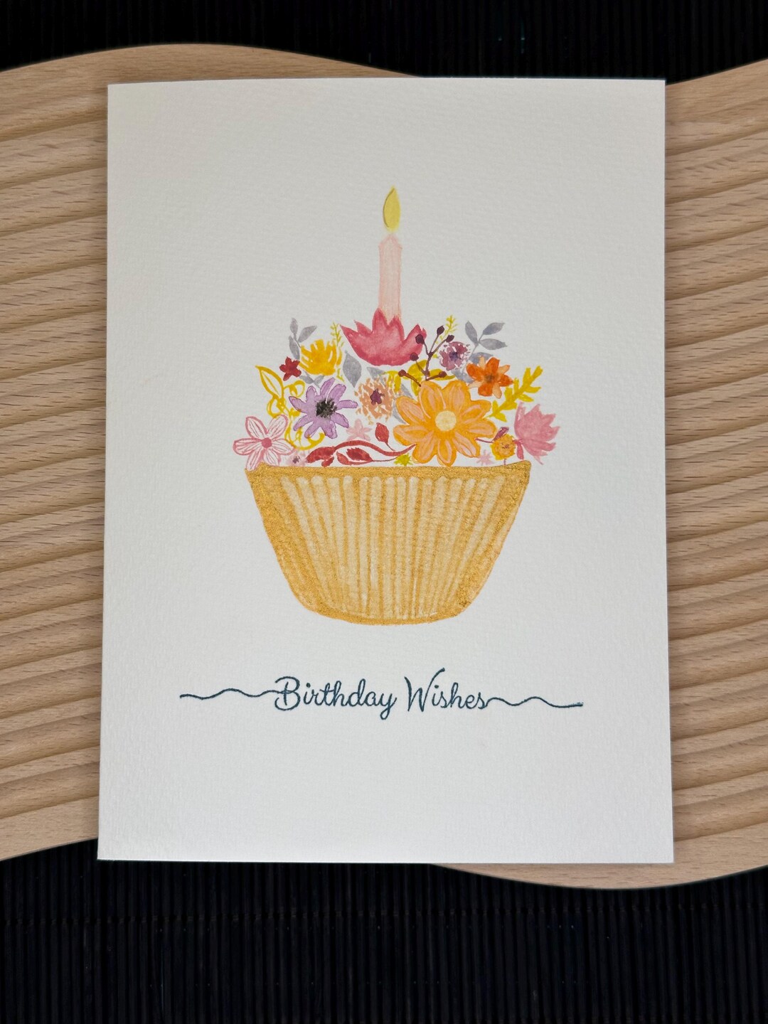 Birthday Wishes Flower Cupcake With Candle. Hand Painted Watercolor ...