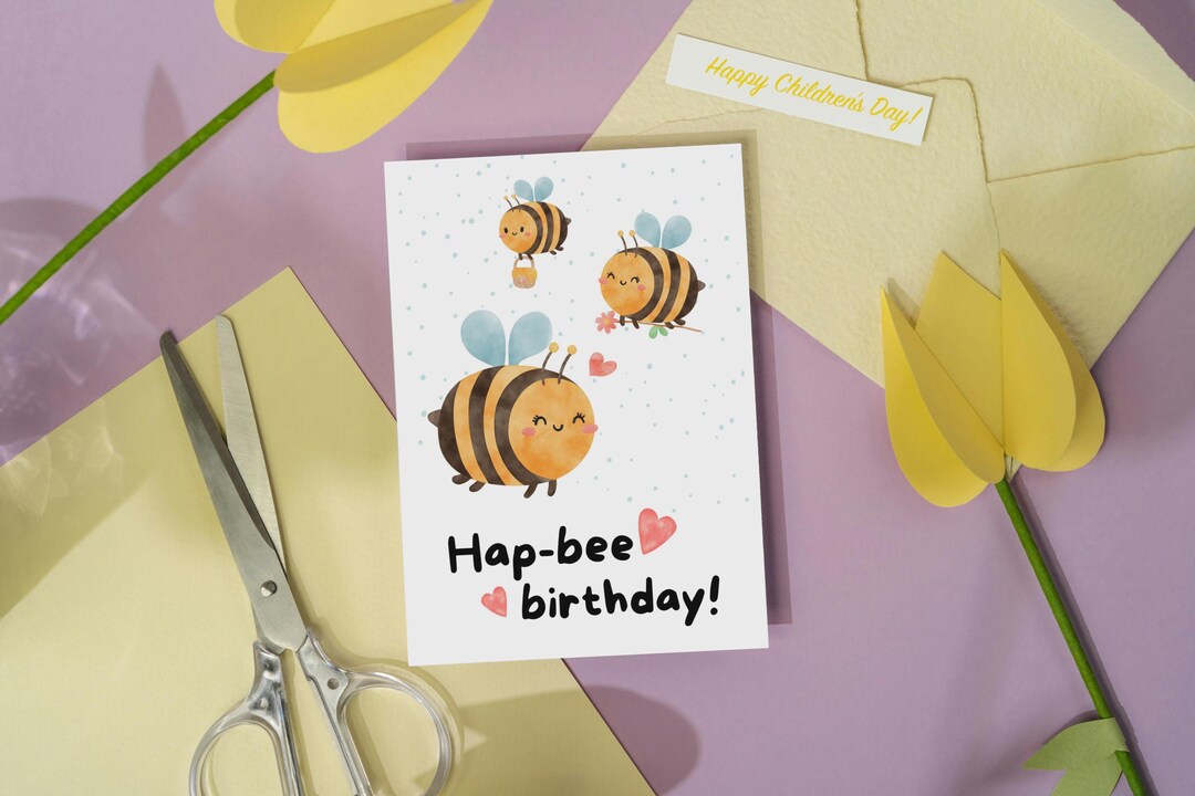 Hap-bee Birthday Card | Cute Bee Printable Card | Instant Download ...