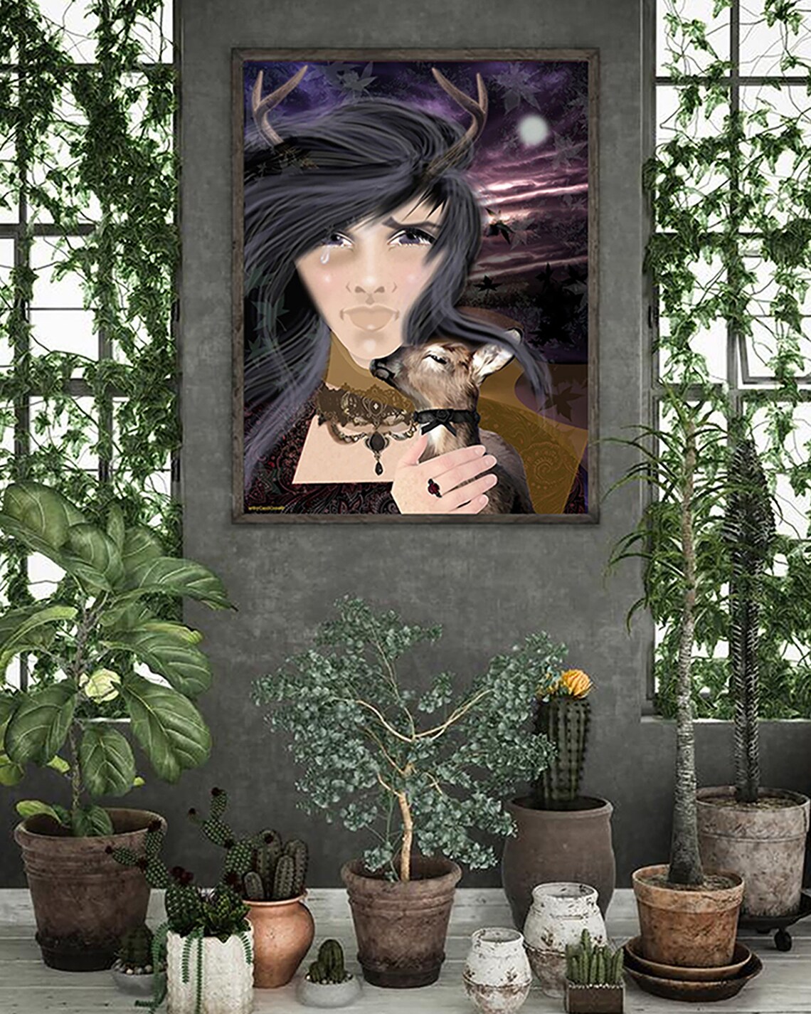 Nature Goddess With Antlers Protects a Sick Fawn Mystical - Etsy