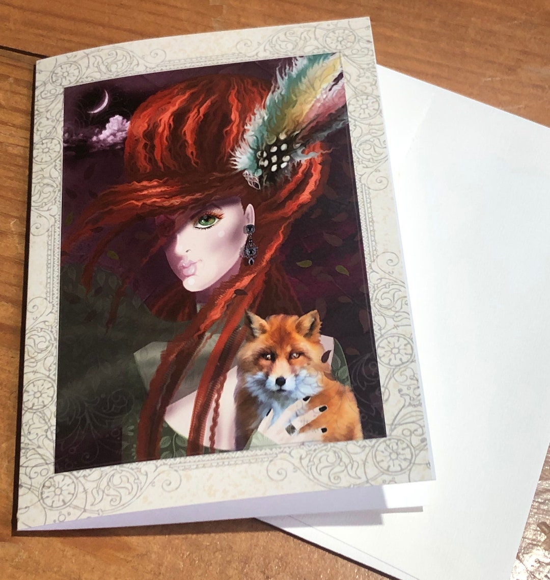 Magical Jeweled Goddess and Fox Notecards: Full Moon Fantasy Sky - Etsy