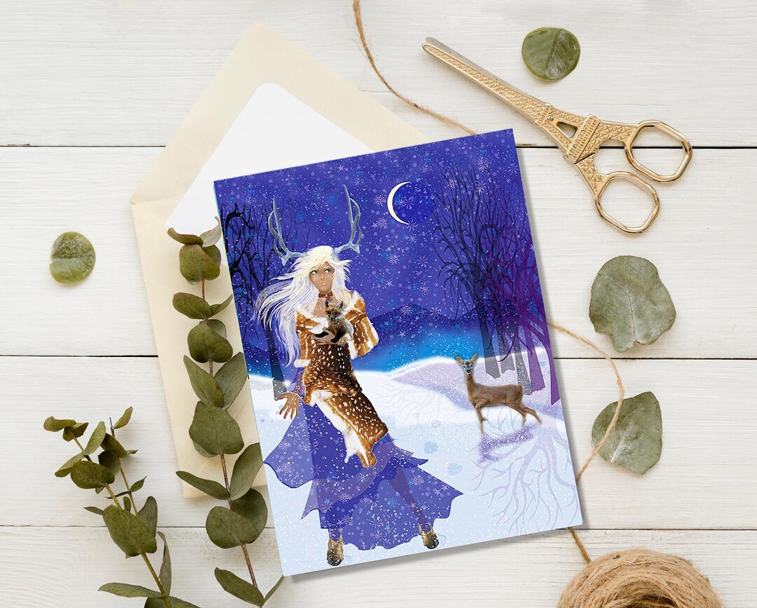 Whimsical Winter Nymph and Deer Under Cresent Moon Notecard - Etsy