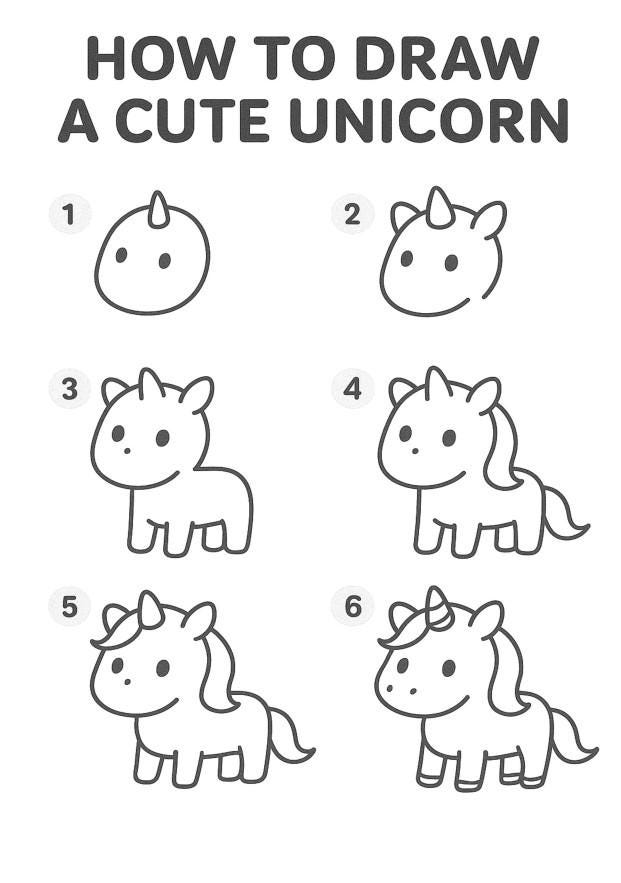 How to Draw a Cute Unicorn – Step-by-step Printable for Kids - Etsy UK