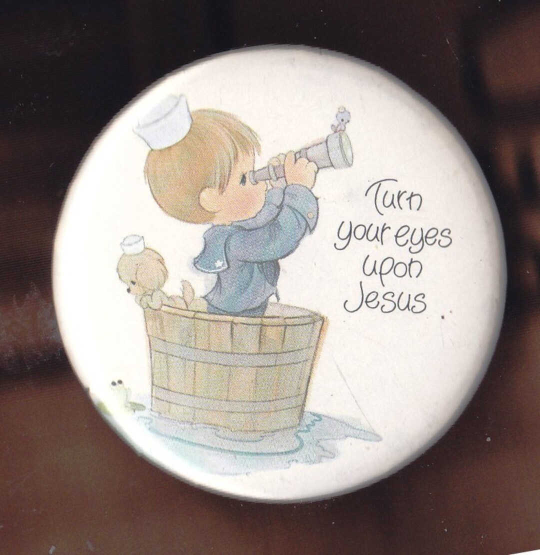 1980's Precious Moments Turn Your Eyes Upon Jesus Button Pinback Badge ...