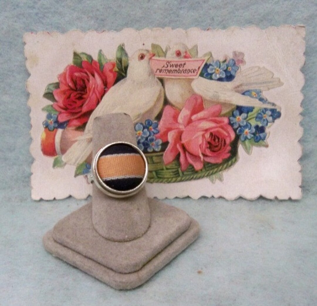 Striped Satin Fabric Ring Artisan Made Gold Black Stripe Button Ring ...