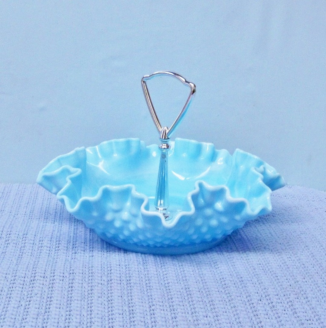 Vintage Fenton Hobnail Blue Slag Glass Chrome Handled Candy Bowl 7 1/2 ...