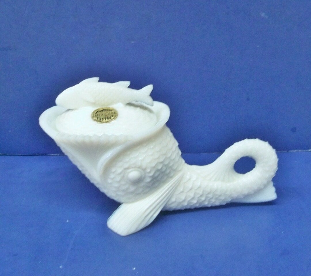 Americana Milk Glass Fish Candy Dish With Fish on Lid Victory Glass ...