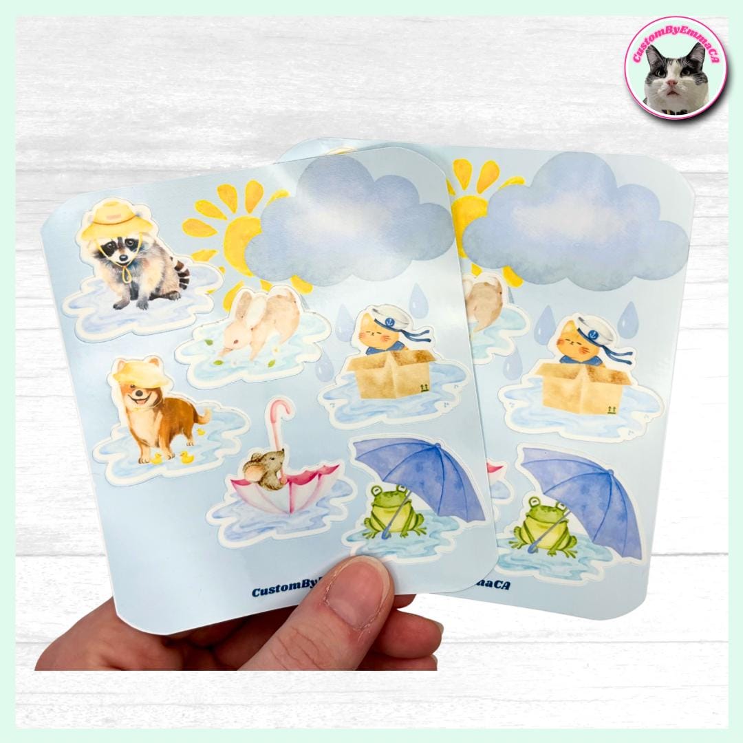Rainy Day Animals Sticker Sheet – Waterproof: Cat, Dog, Rabbit, Mouse ...
