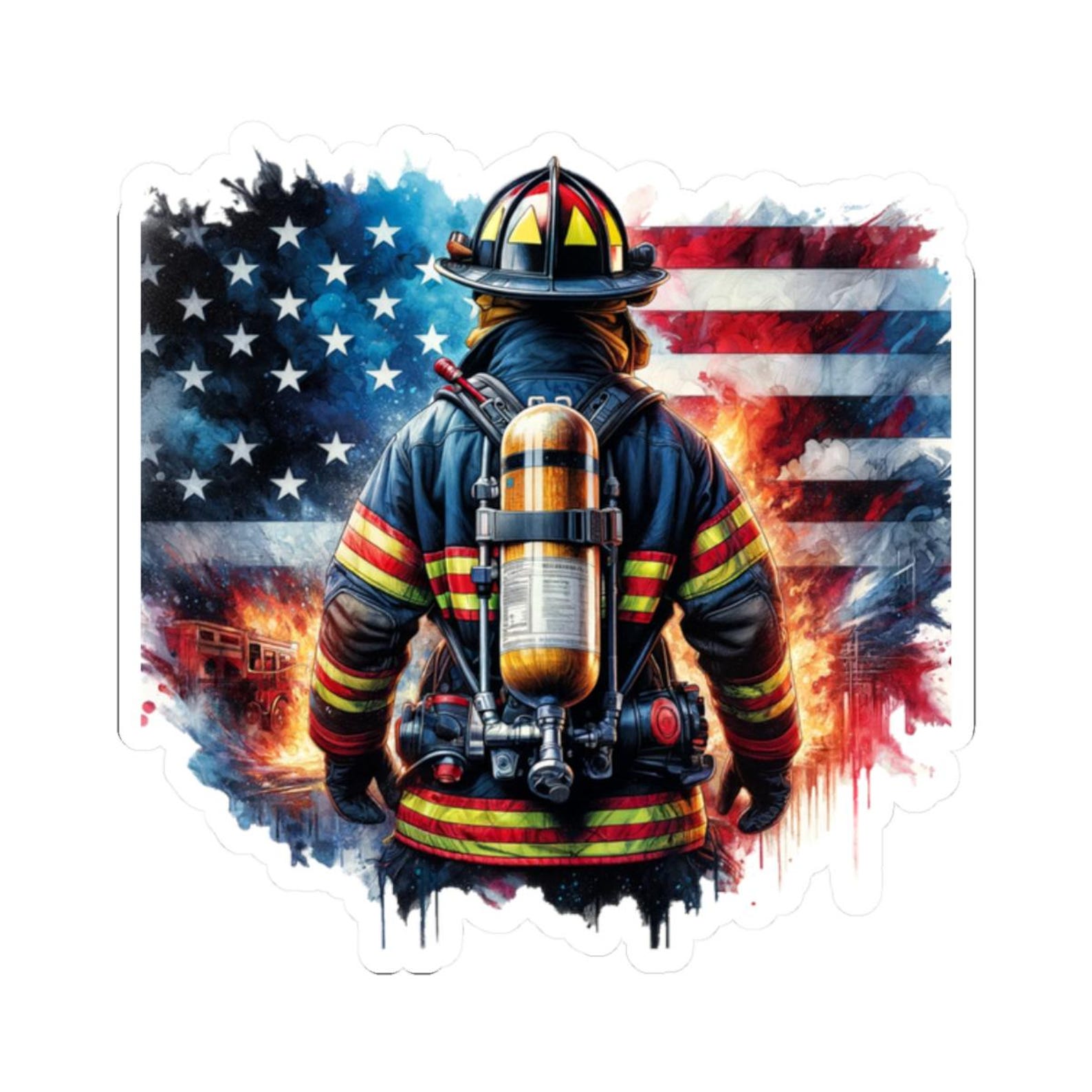 Patriotic Firefighter Sticker - Firefighter Silhouette With American ...