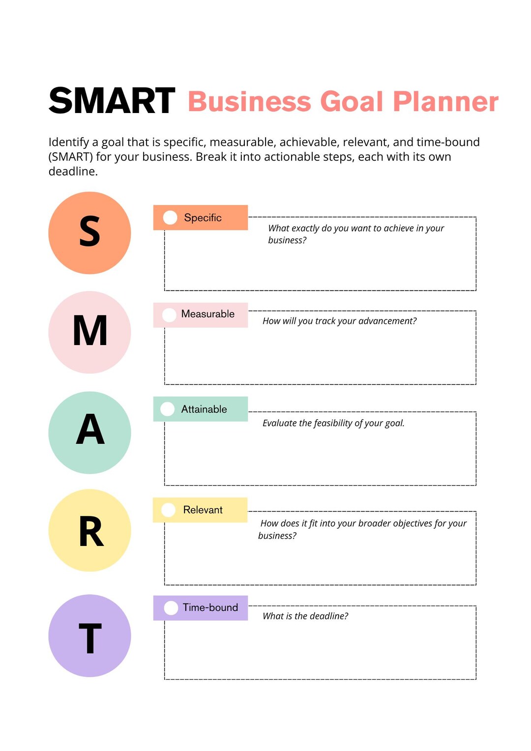 SMART Business Goals Template - Etsy