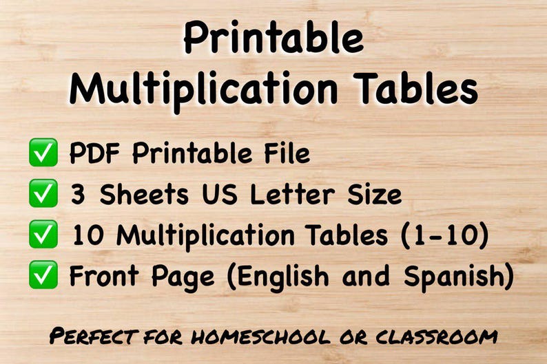 Multiplication Tables 1-10: Printable Learning Tool for Kids/perfect ...