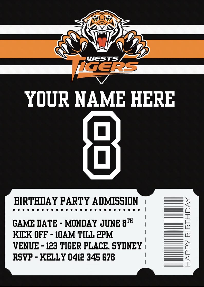 Wests Tigers NRL Birthday | Canva Template | Editable Footy Party ...