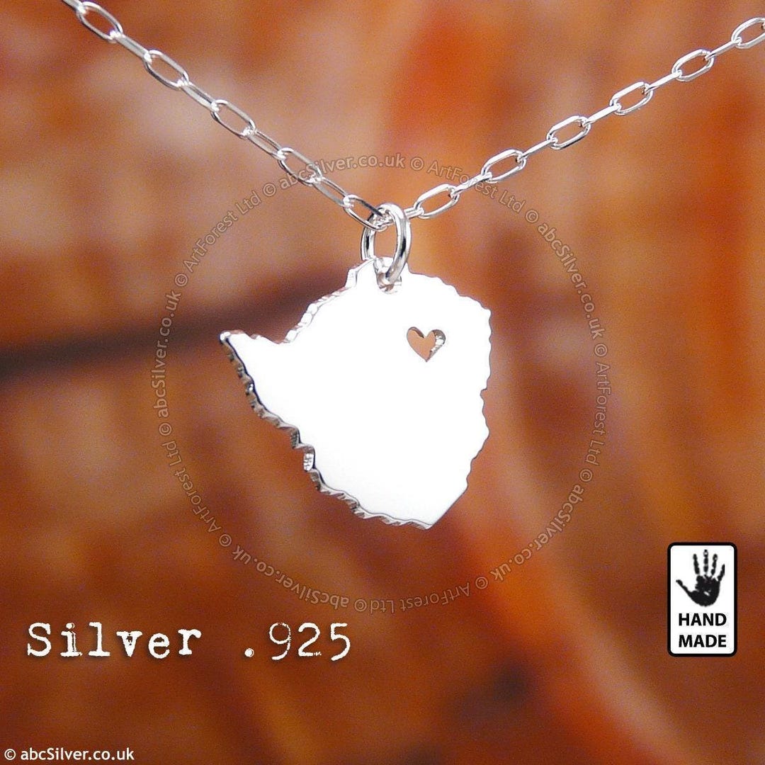 Zimbabwe Harare Africa Map, Sterling Silver .925 Chain & Thick Solid ...