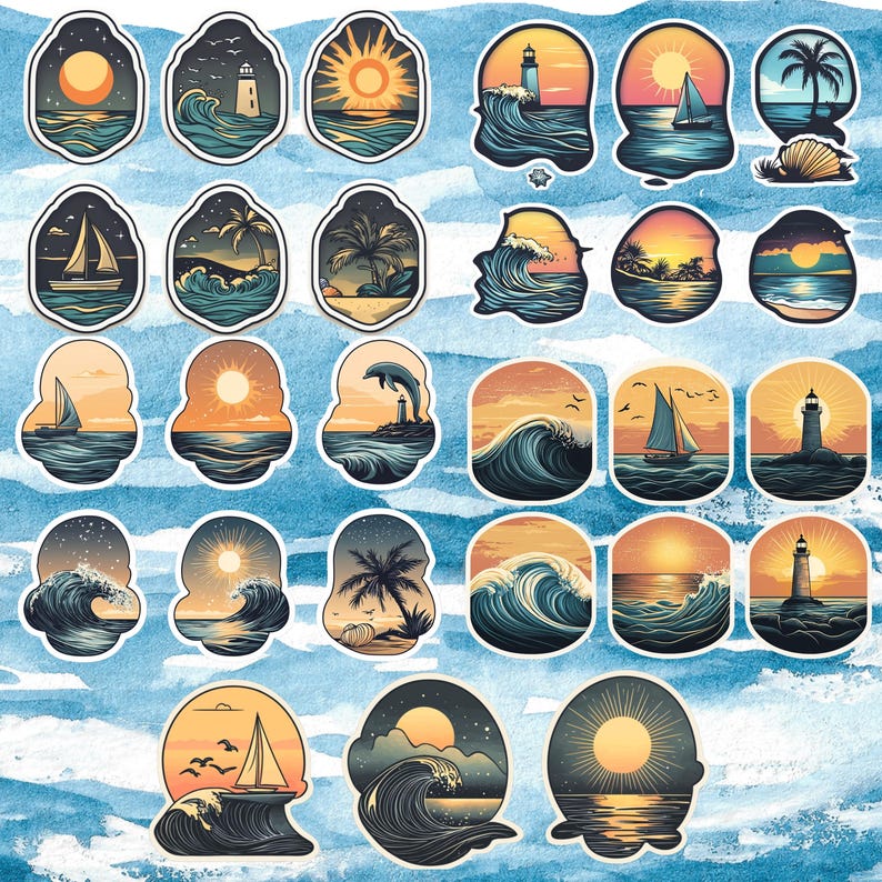 Minimal Ocean Stickers | Digital Download | Aesthetic Coastal & Beach ...