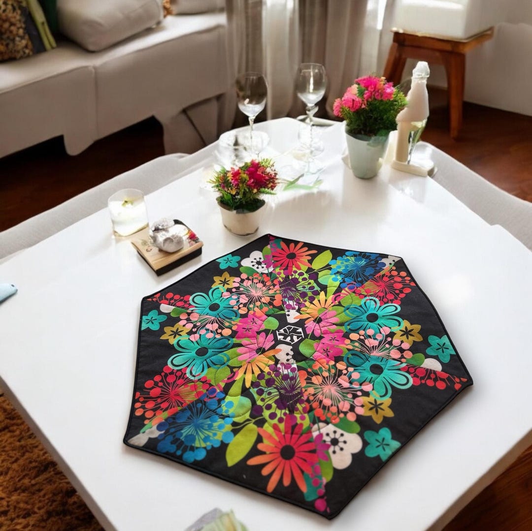 Hexagon Quilted Table Topper Handmade Small Table Runner, Vibrant Floral Mandala, Quilted Décor ...