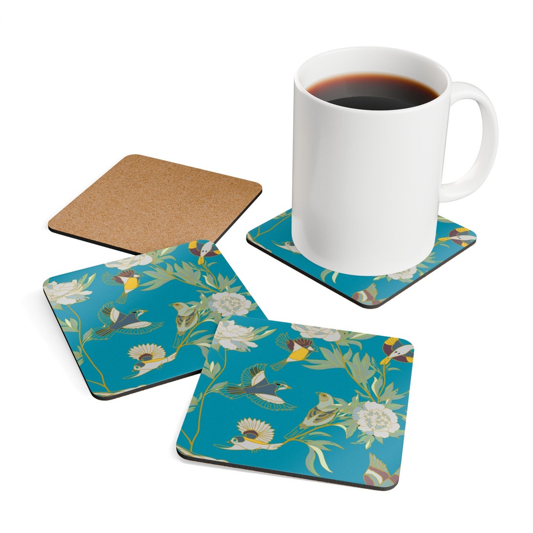 Bird Coaster Set: Blue Floral Corkwood Coasters - Etsy