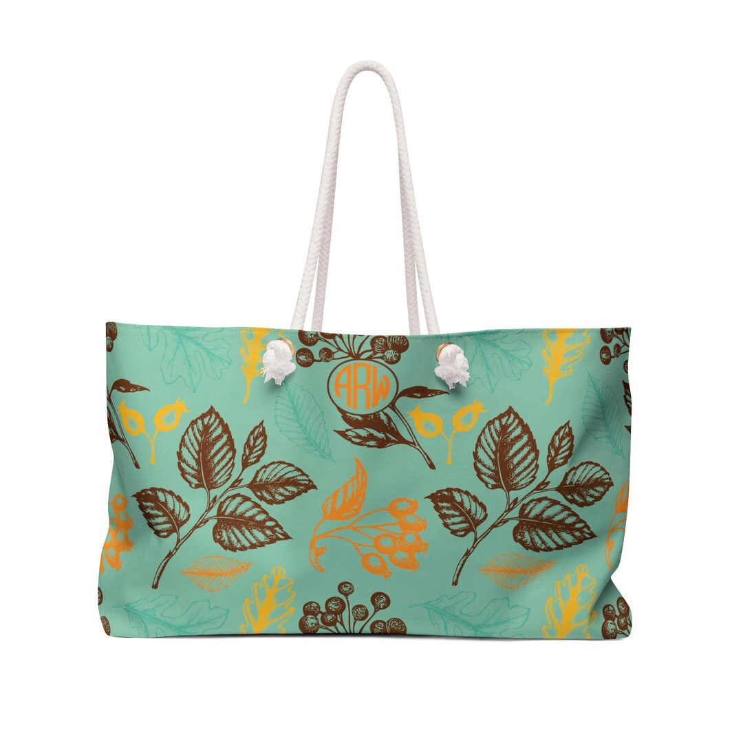 Soft Teal Weekender Bag With Fall Leaves and Berries, Fall Tote Bag ...