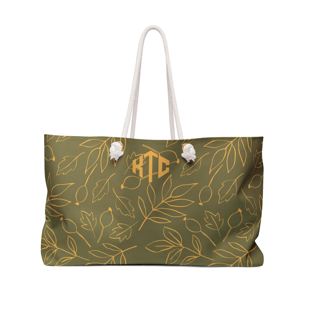 Olive Green Weekender Bag With Gold Leaf Outlines, Fall Tote Bag ...