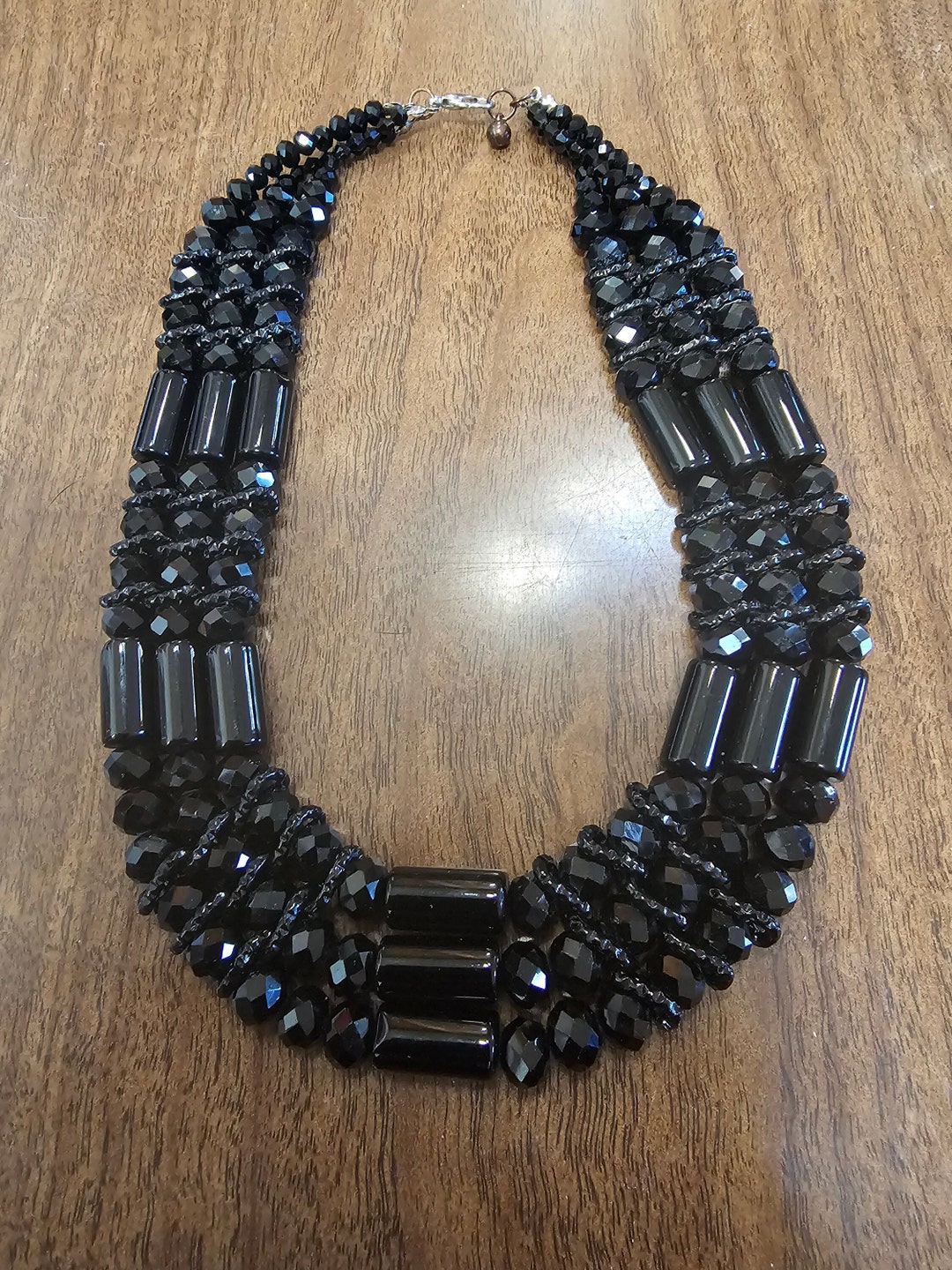 Vintage 3 Strand Black Jet Necklace - Etsy