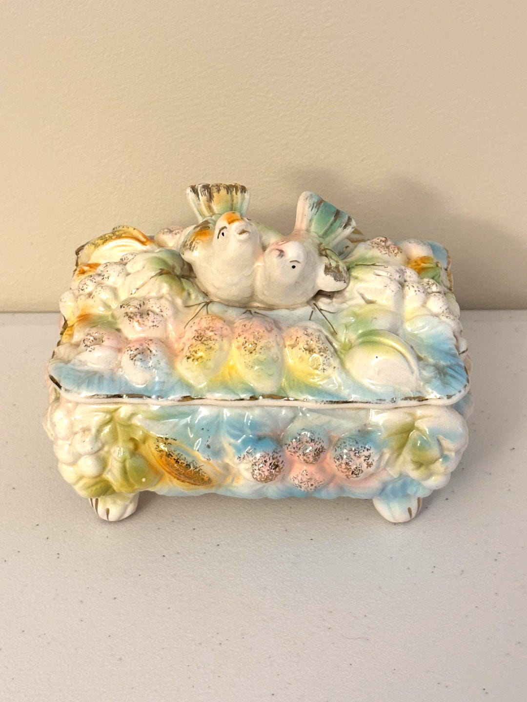 Vintage Betson Trinket Box – 1950s Japan – Hand Painted Birds & Fruit ...