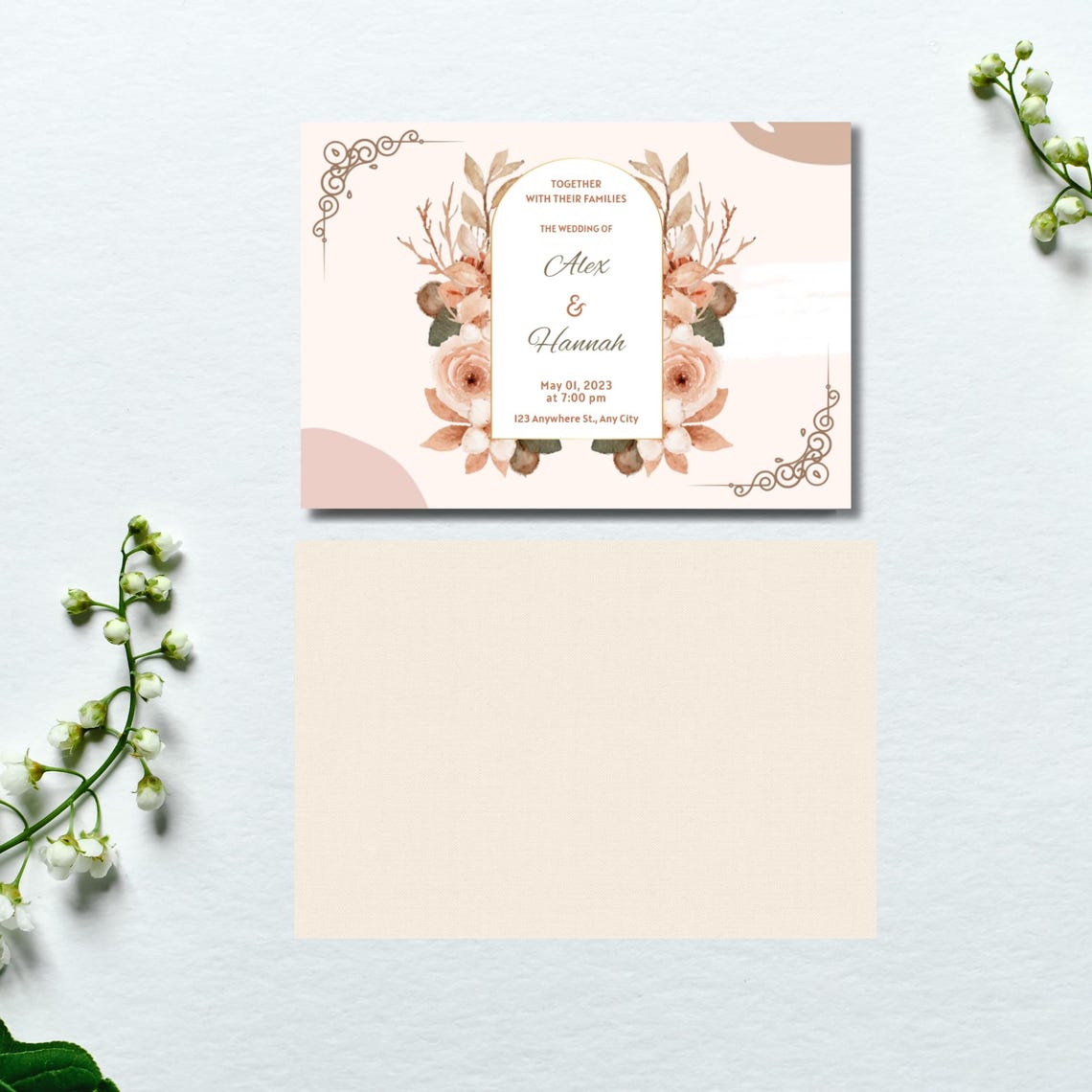 Bohemian Wedding Invitation Template, Blush Pink Neutral Flowers ...