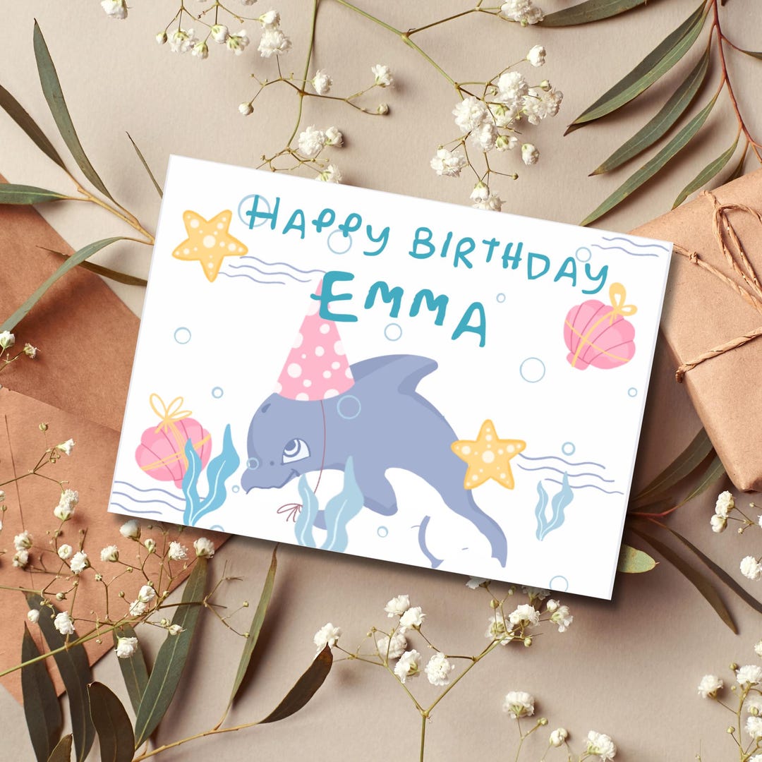 Under the Sea Dolphin Birthday Card for Kids, Custom Ocean Party Theme ...