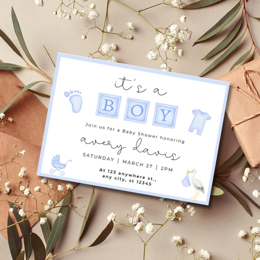 Editable Boy Baby Shower Invitation Canva Template, Light Blue Baby ...
