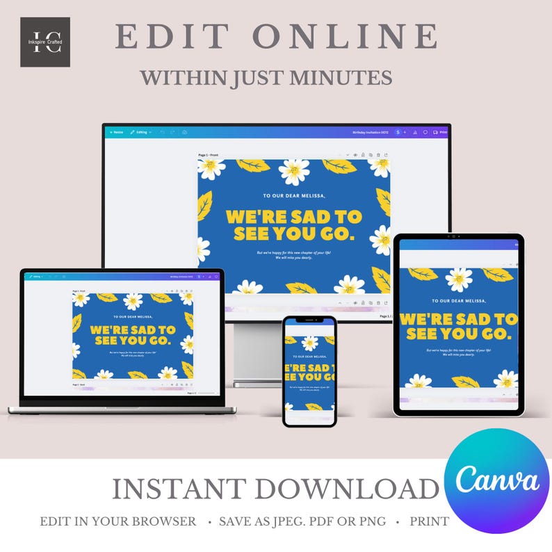 Bold Floral Farewell Card Canva Template, Editable Goodbye Card for ...