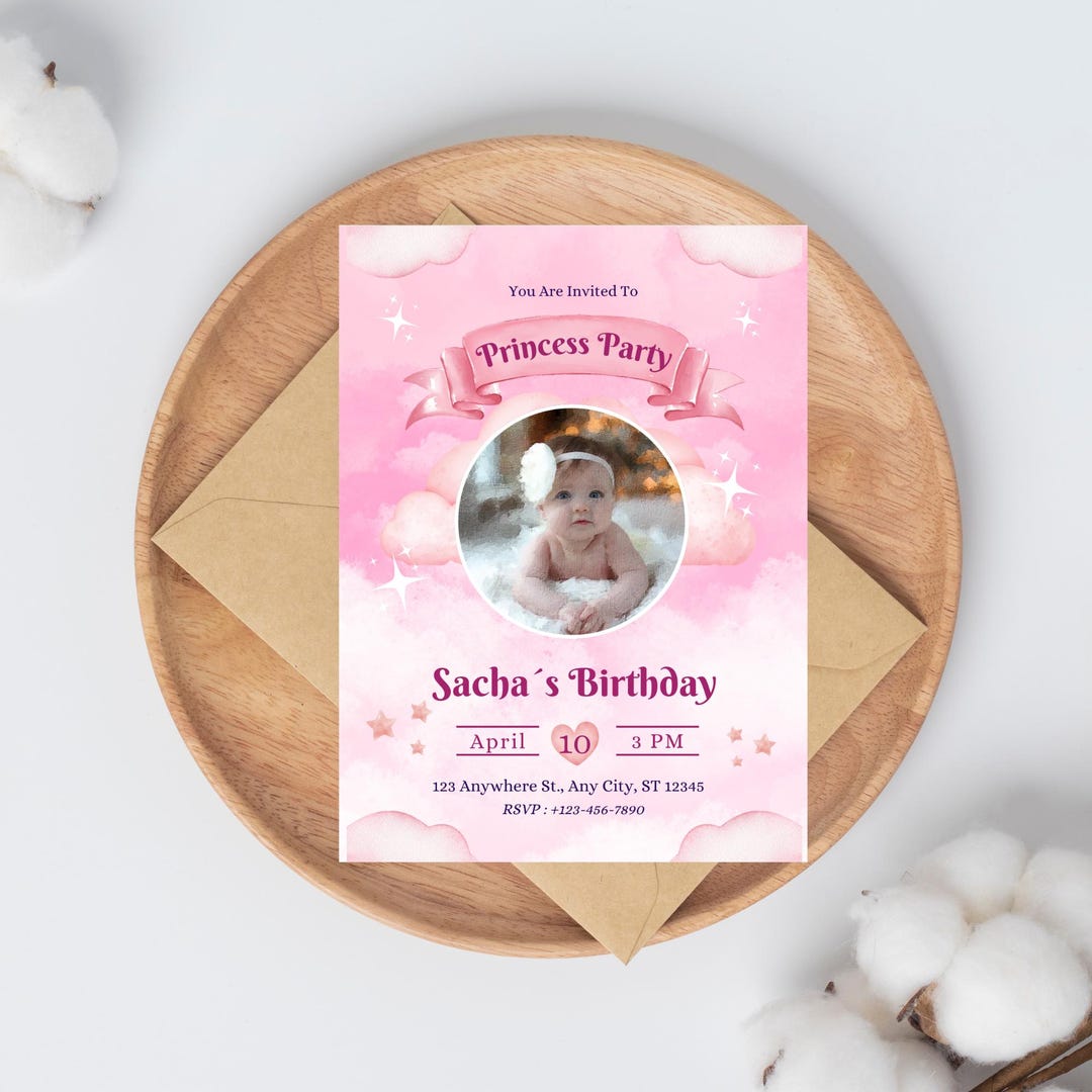 Editable 1st Birthday Invitation Template Pink Princess Birthday With ...