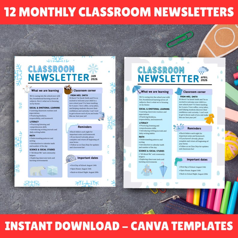 Editable Classroom Newsletter Template Bundle: 12 Monthly Canva Flyers ...