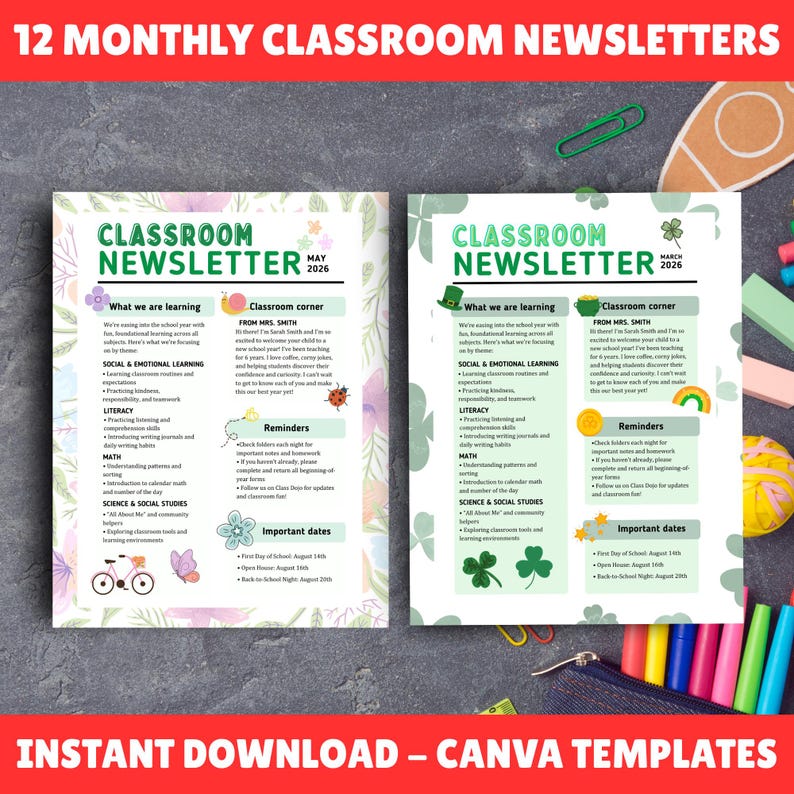 Editable Classroom Newsletter Template Bundle: 12 Monthly Canva Flyers ...