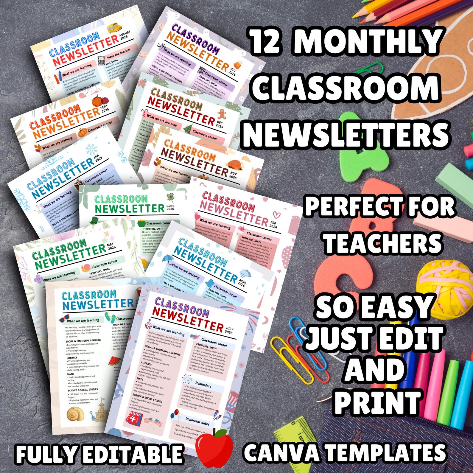Editable Classroom Newsletter Template Bundle: 12 Monthly Canva Flyers ...