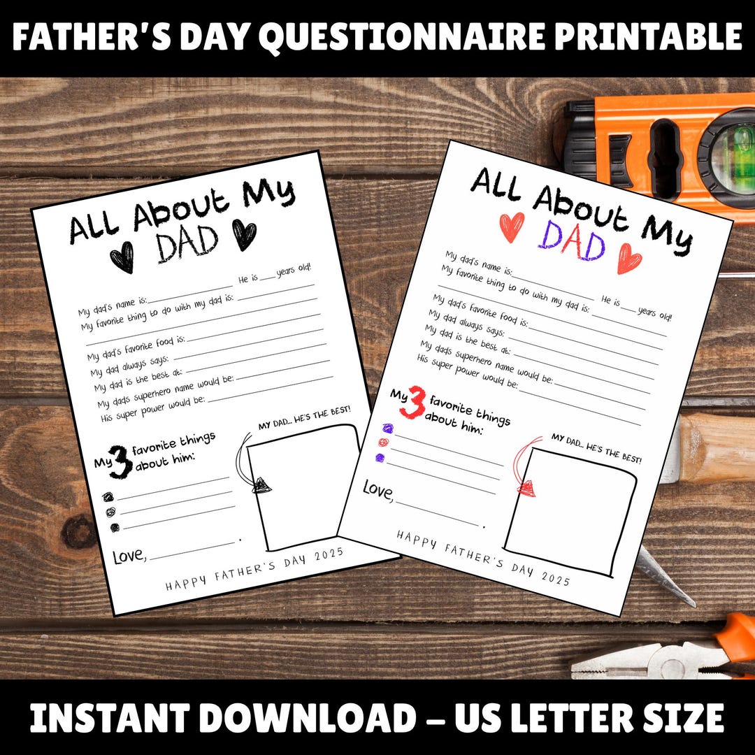 All About My Dad Printable Fathers Day Gift From Kids Dad Questionnaire ...
