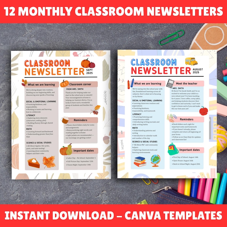 Editable Classroom Newsletter Template Bundle: 12 Monthly Canva Flyers ...