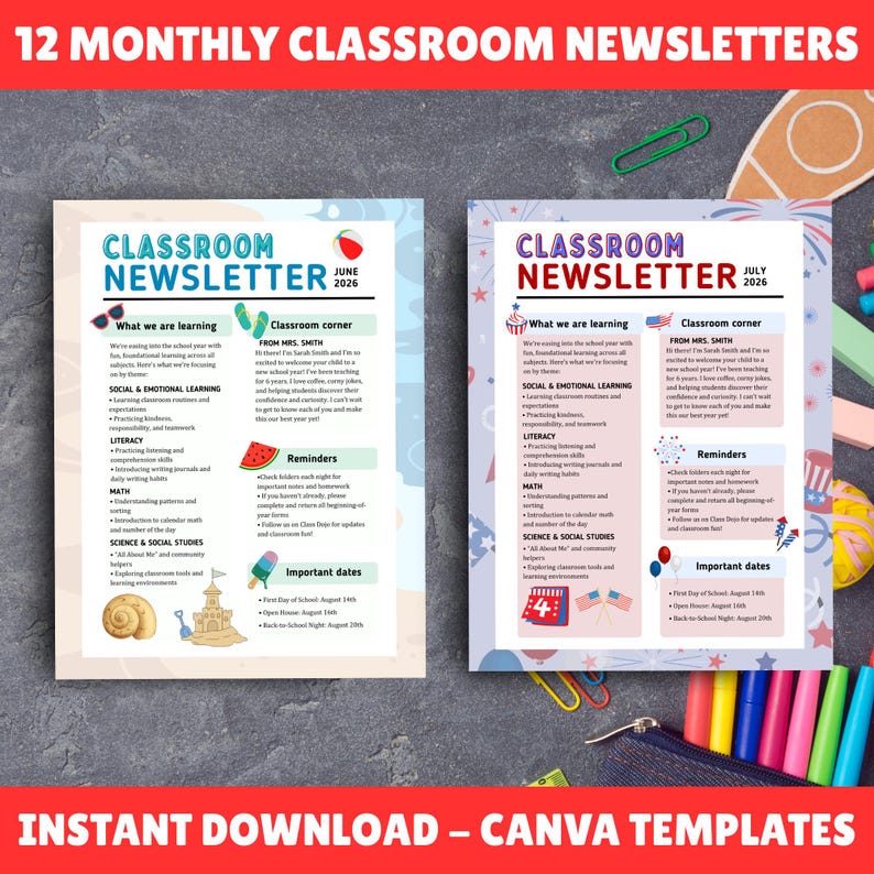 Editable Classroom Newsletter Template Bundle: 12 Monthly Canva Flyers ...