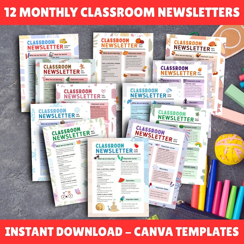 Editable Classroom Newsletter Template Bundle: 12 Monthly Canva Flyers ...