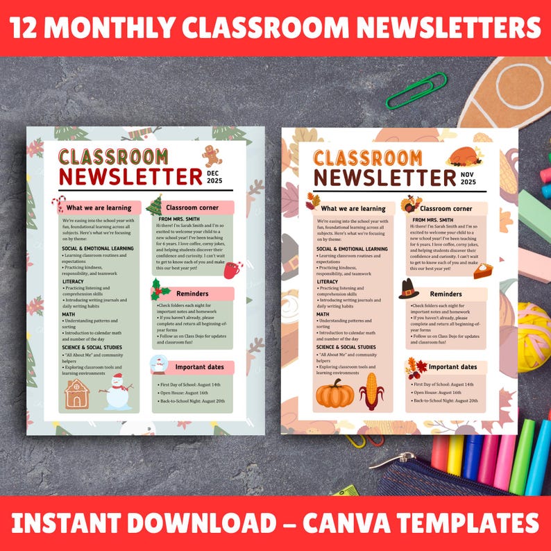 Editable Classroom Newsletter Template Bundle: 12 Monthly Canva Flyers ...
