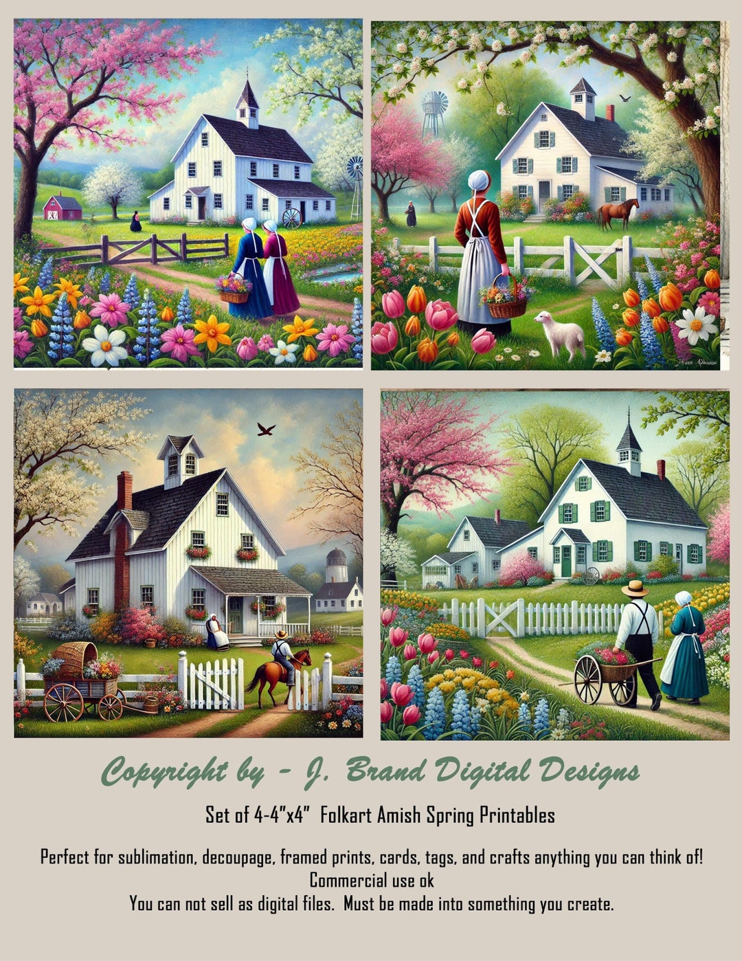 Folk Art Amish Spring Digital Image: Printable Farm Country Decoupage ...