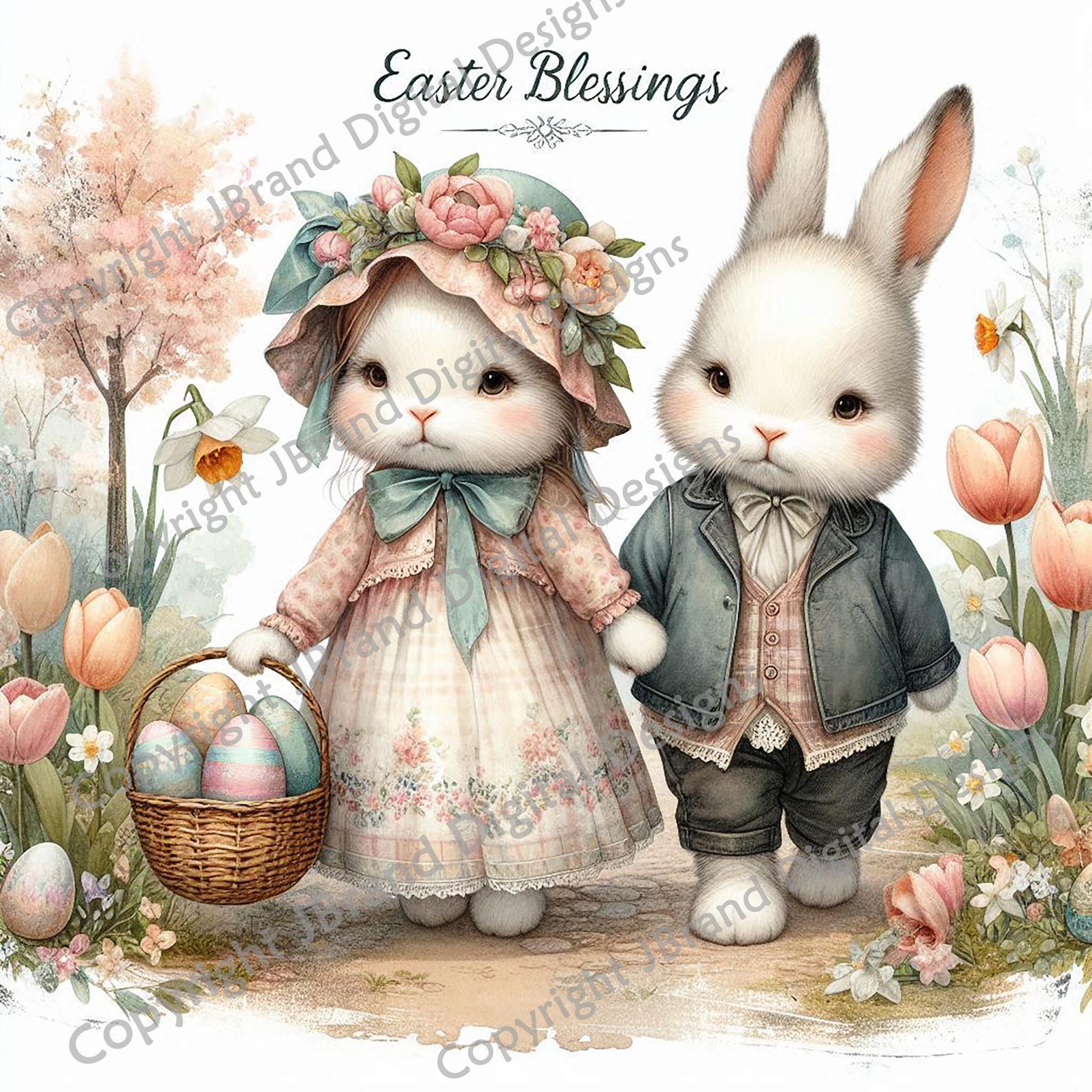 Easter Bunnies Boy and Girl Digital Image, Farm, Country, Digital ...