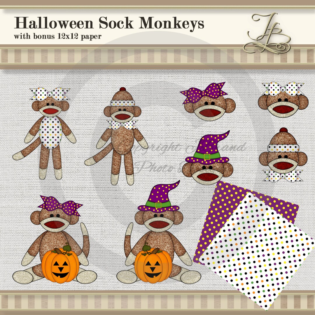 Halloween Sock Monkey Clipart With Bonus 12x12 Digital Papers for ...