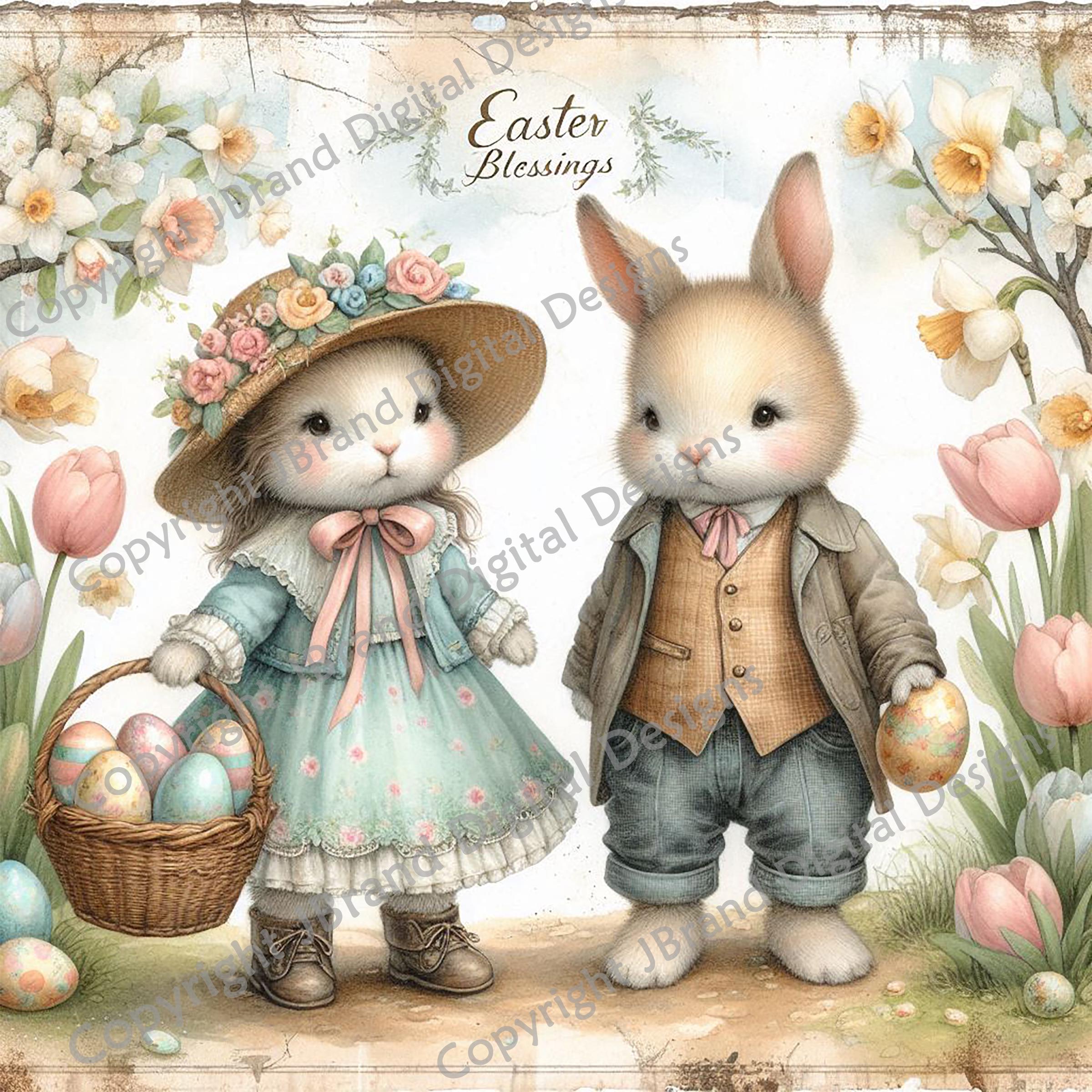 Easter Bunnies Boy and Girl Digital Image, Farm, Country, Digital ...