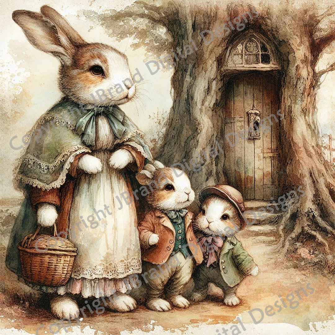 Vintage Rabbit Family Tree House Digital Image, Farm, Country, Digital ...
