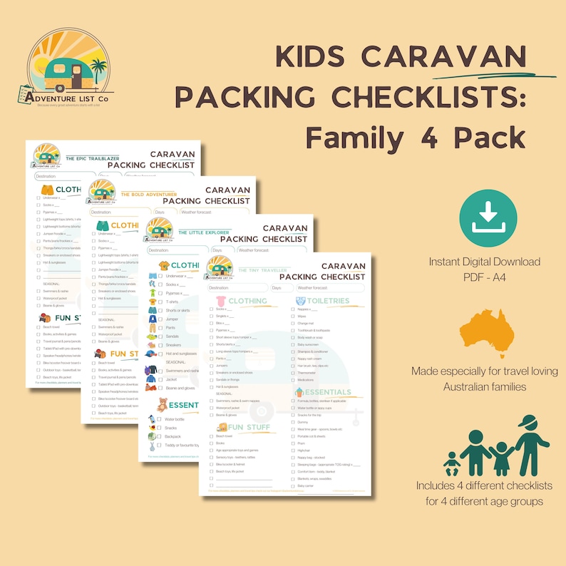 Kids Caravan Packing Checklists - Family 4 Pack – Printable & Fillable ...