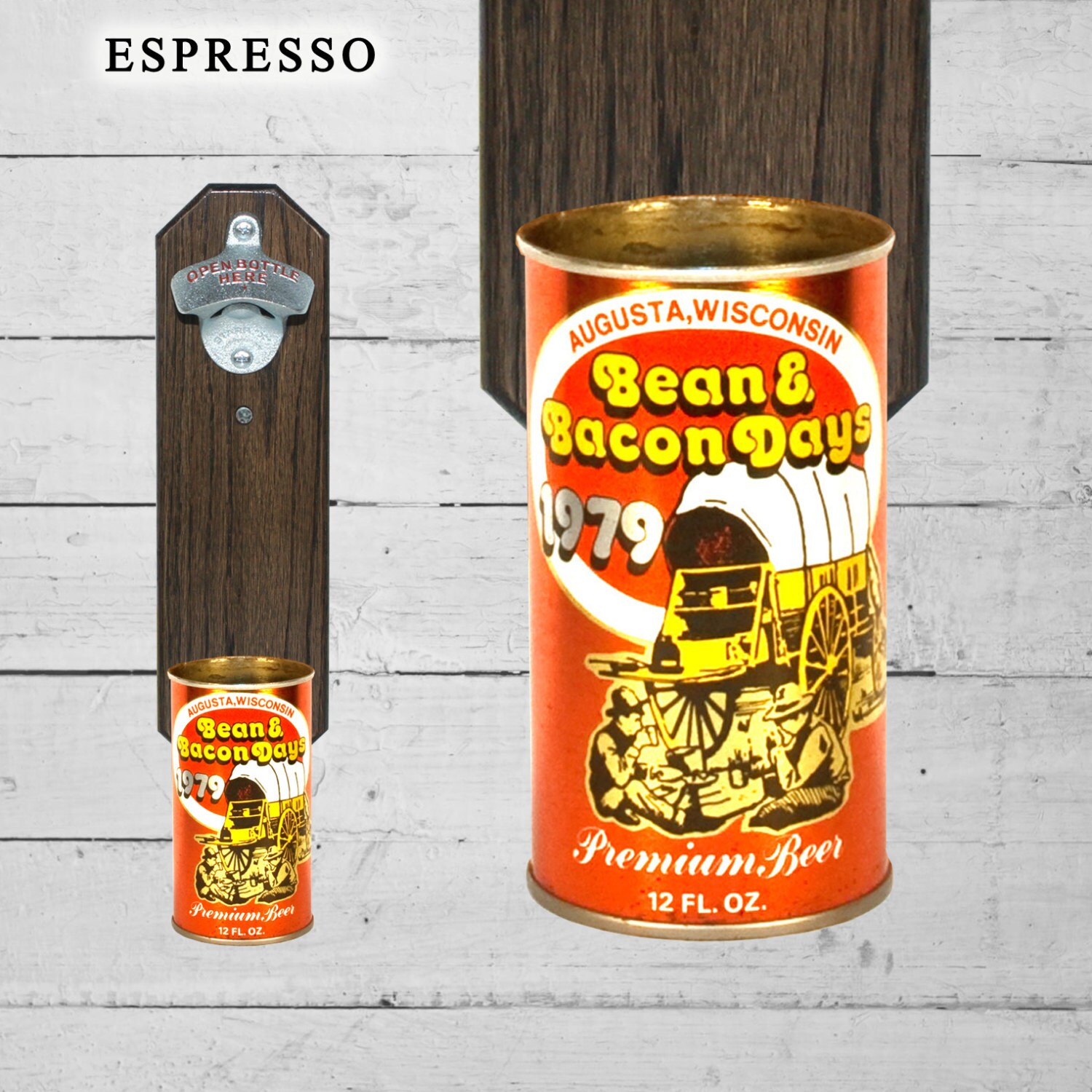 Bean & Bacon Days Wall Mounted Bottle Opener With Vintage 1979 Beer Can ...