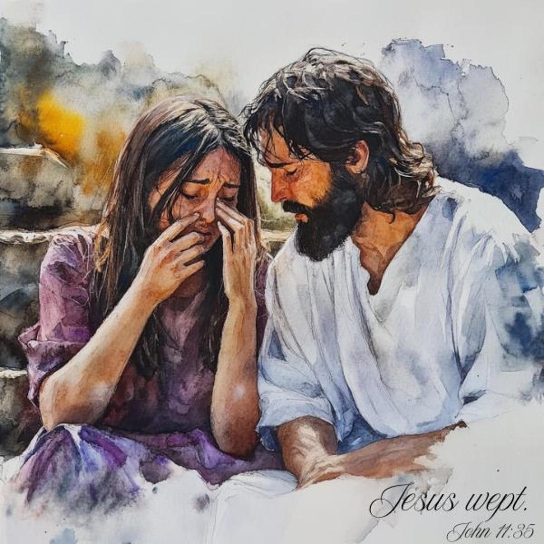 Watercolor Painting of Jesus Crying With a Girl, John 11:35 Jesus Wept ...